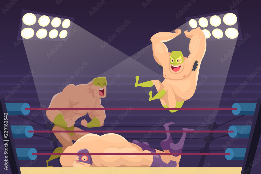 Wrestlers fighting. Sport cartoon mortal background with combat ...