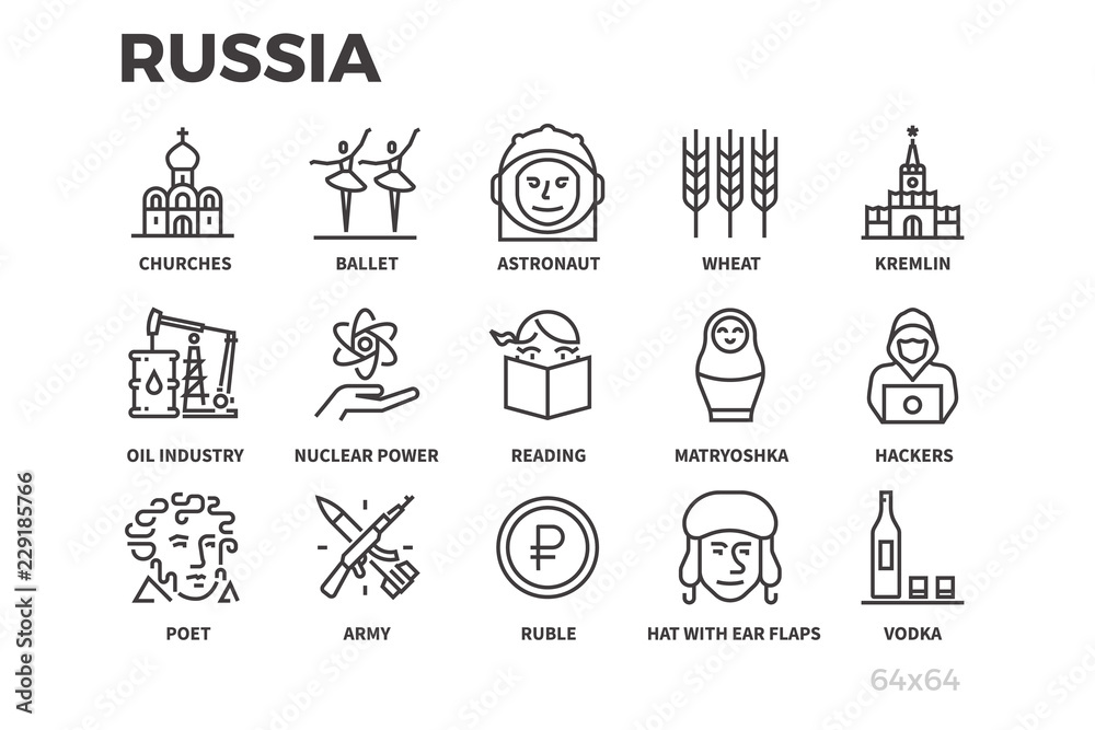 Russia icons. Symbols and stereotypes of Russia. Vector pictograms for presentations and ...
