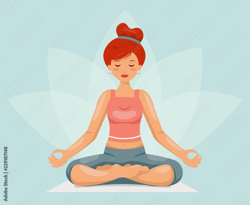 Meditation cute female girl yoga health cartoon character design vector ...
