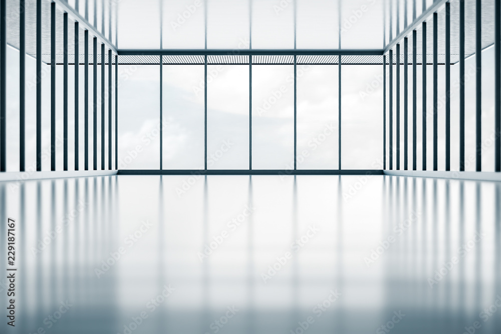 Front big hall and wide window with reflection floor. Sky view and ...