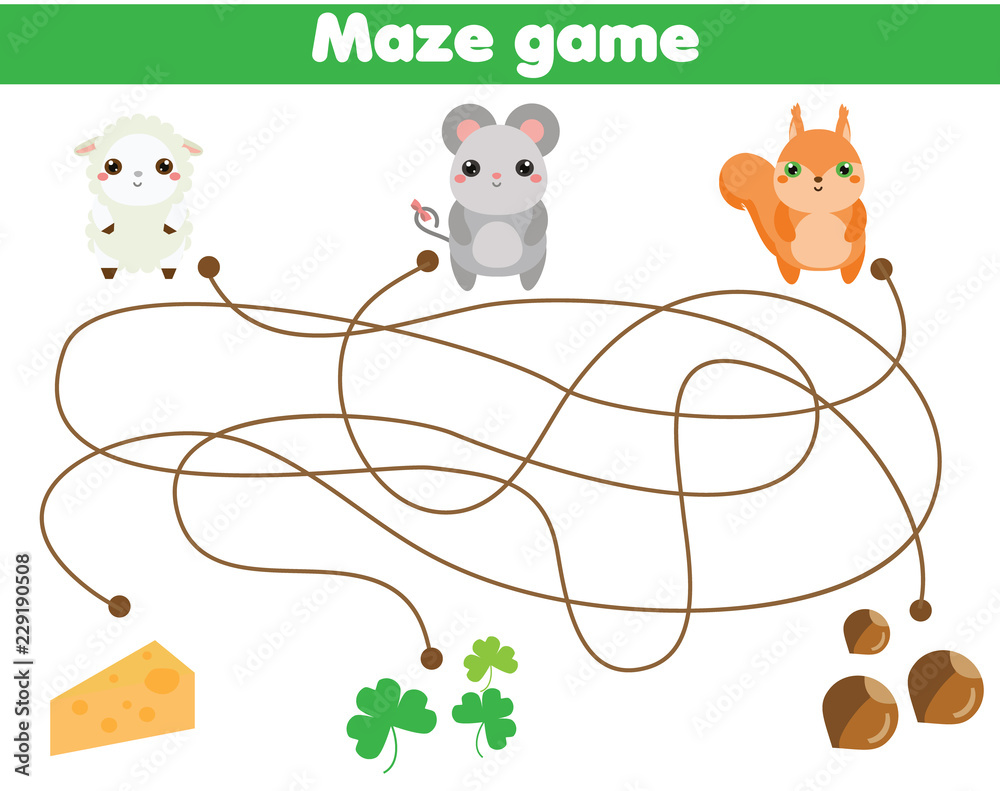 Maze game. Help animals find food. Activity for children and kids Stock ...