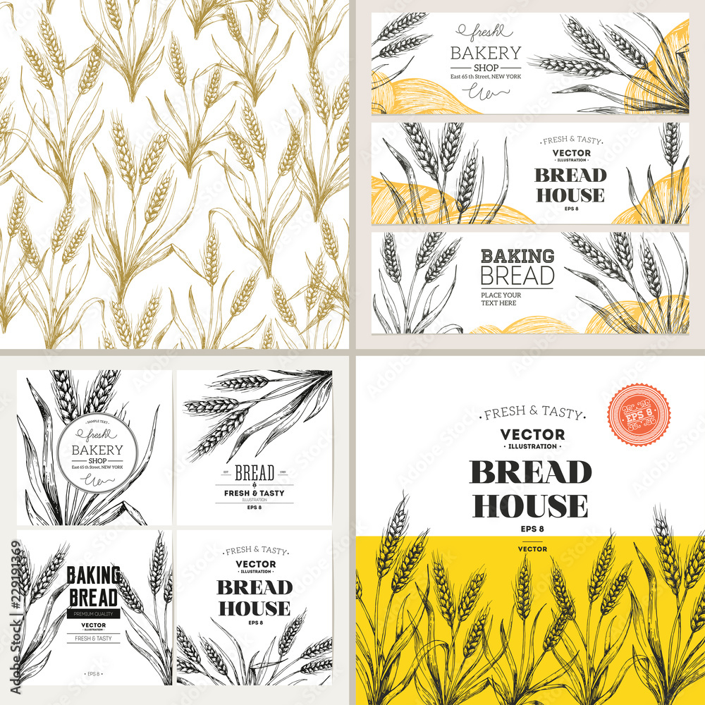 Bread design template collection. Banners, pattern, composition. Vector ...