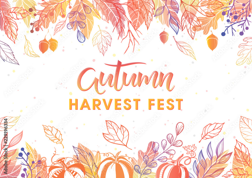 Autumn harvest festival poster with harvest symbols, leaves and floral ...