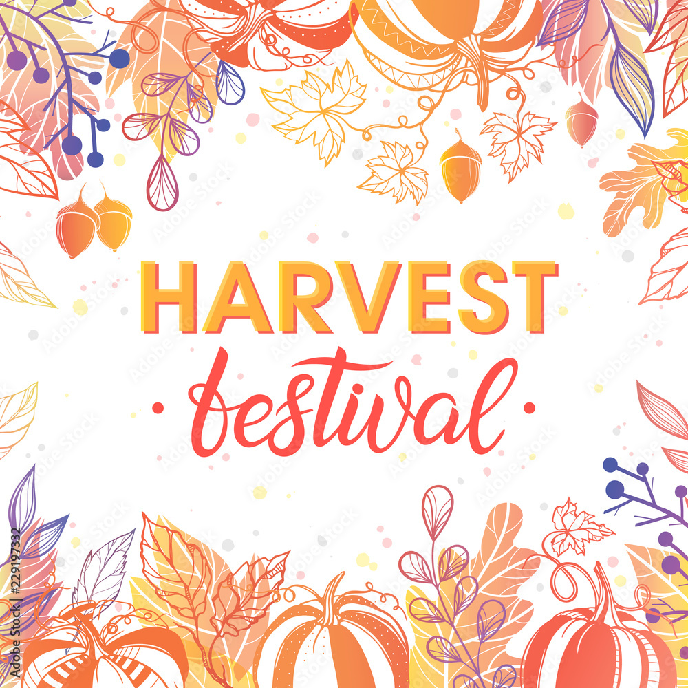 Autumn harvest festival poster with harvest symbols, leaves and floral ...