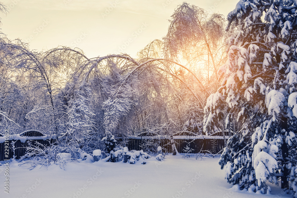 Courtyard of a country house in the early winter morning after a heavy ...