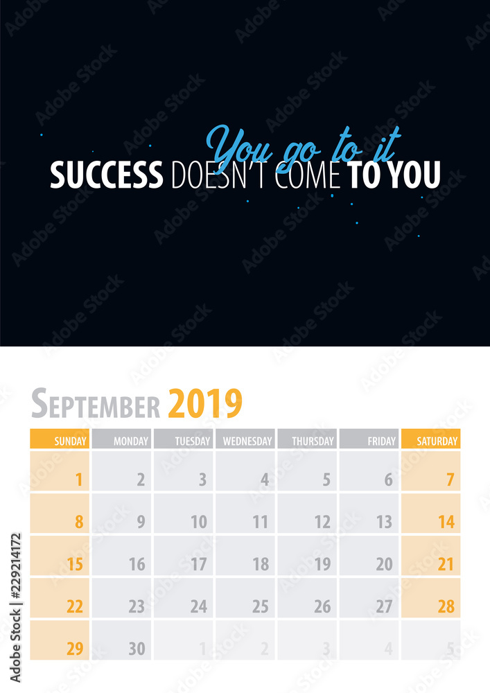 September. Calendar Planner 2019 with motivational quote on black ...