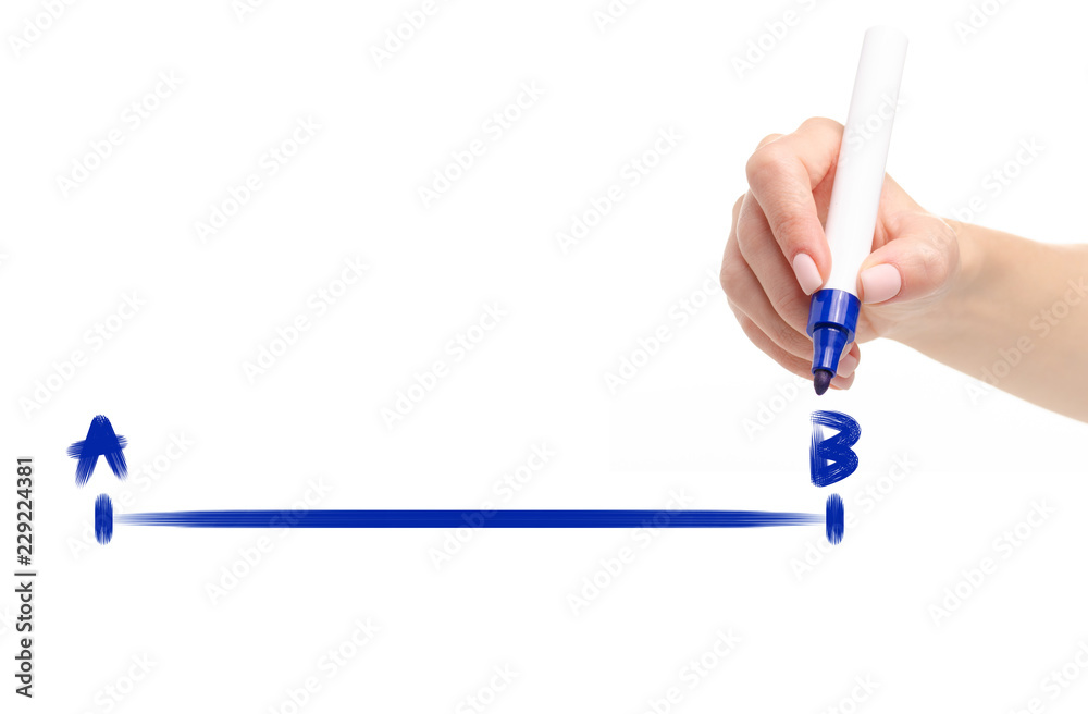 Hand drawing a line from point A to point B marker isolated on white ...