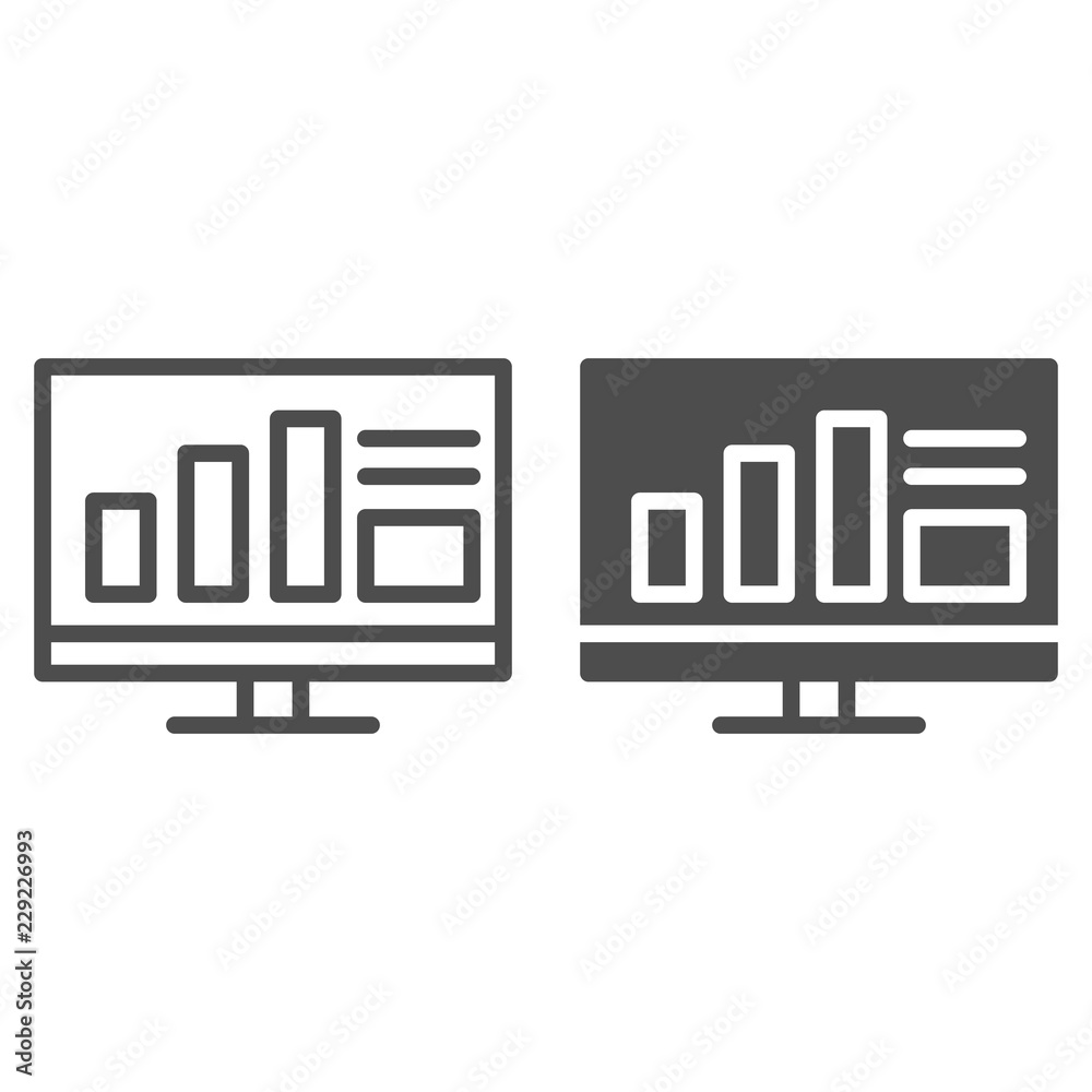 Monitor with graph line and glyph icon. Computer with chart vector illustration isolated on ...
