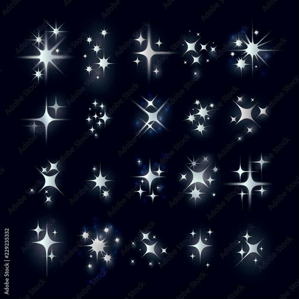 Set of Silver star sparkling and twinkling cartoon. Glittering star ...