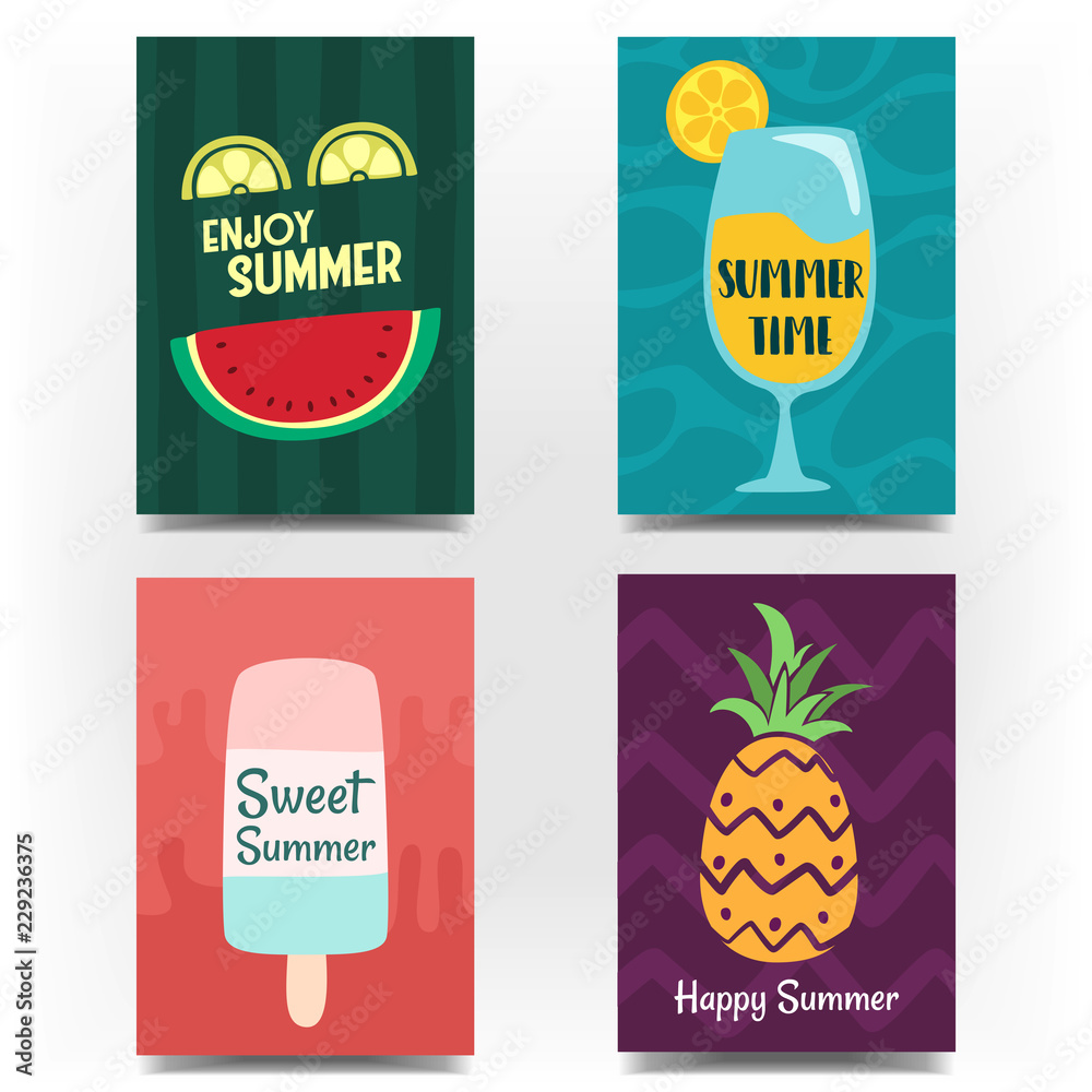 vector flat hand drawn summer theme card poster illustration collection ...