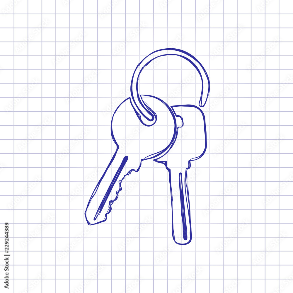keys on the ring icon. Hand drawn picture on paper sheet. Blue ink ...