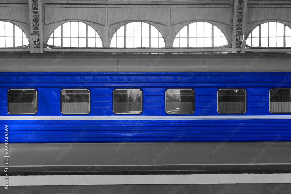 Vintage Black and White Image of Modern Blue Train at Railway Station ...
