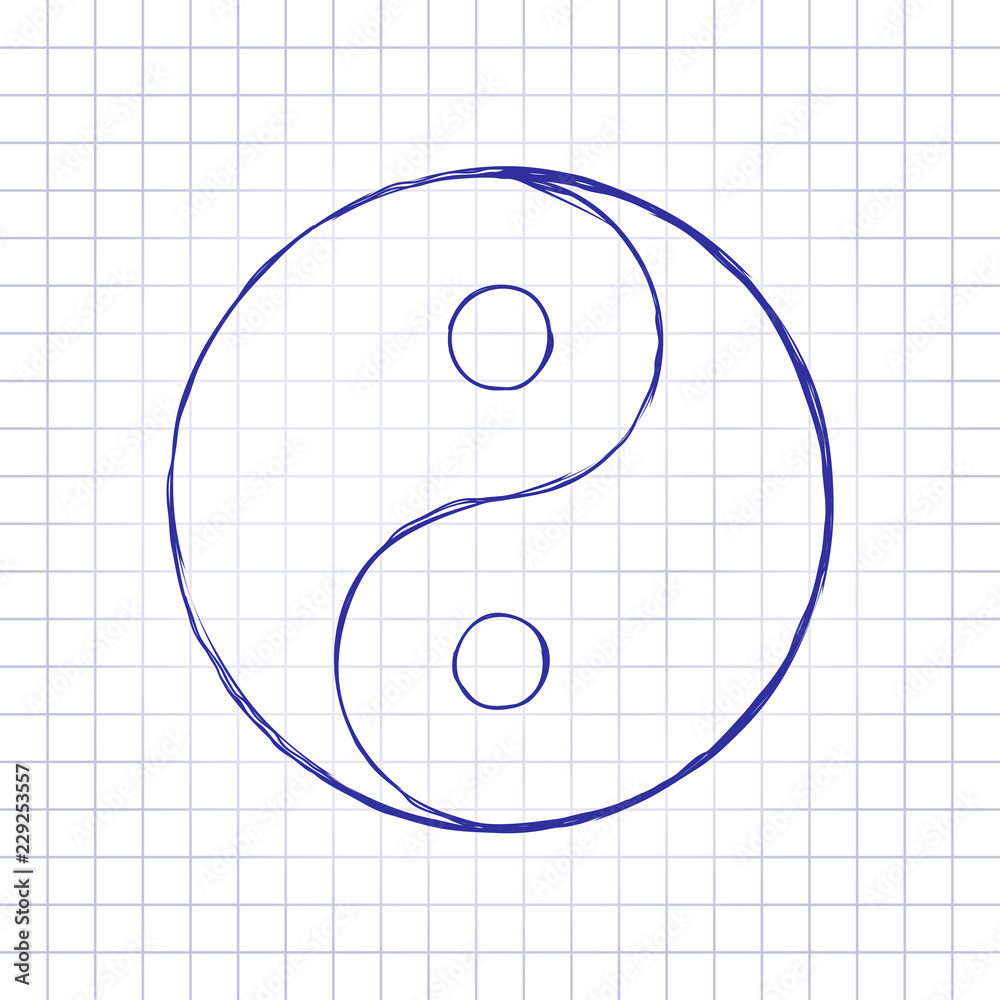yin yan symbol. Hand drawn picture on paper sheet. Blue ink, outline ...