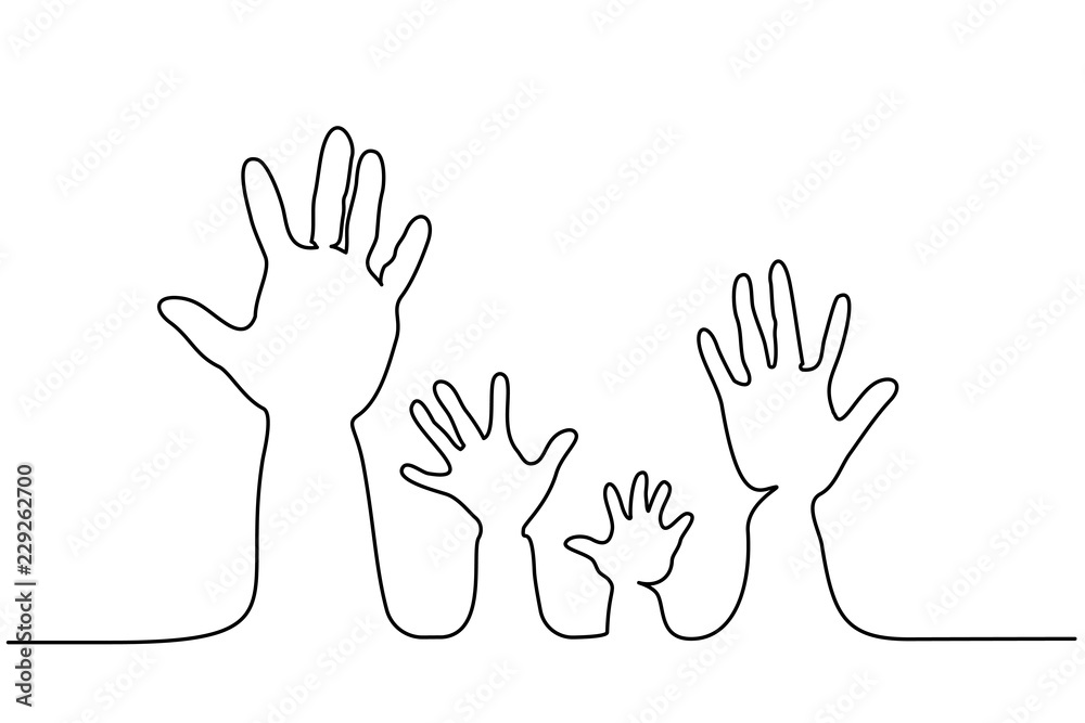 Continuous one line drawing. Abstract family hands parents and children ...