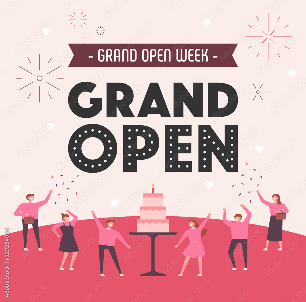 Grand open celebration poster template. flat design style vector ...