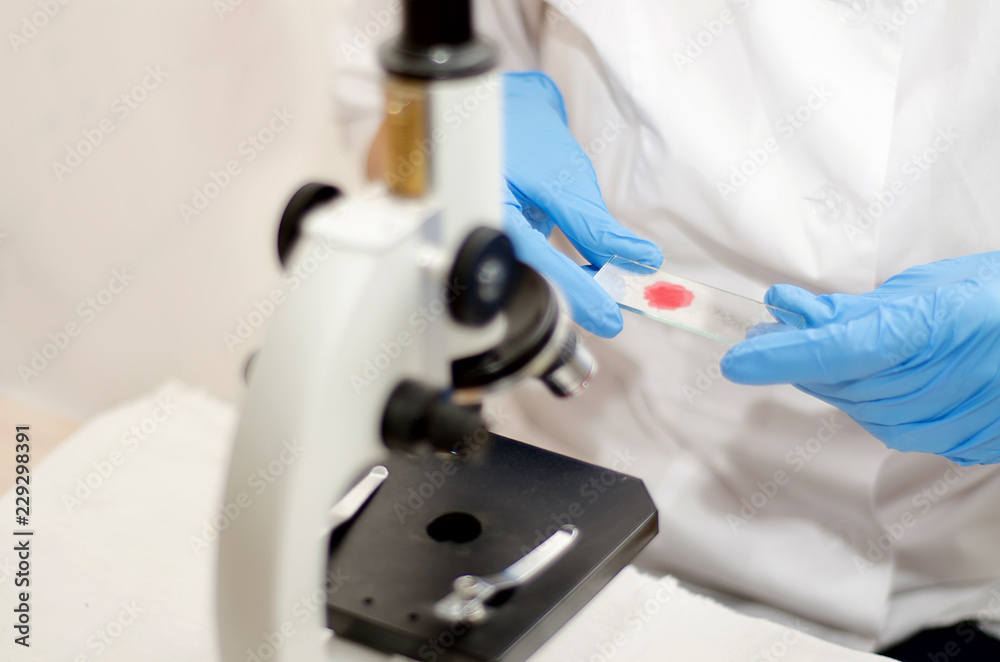 Doctor a pathologist examines under a microscope the tissue sample ...
