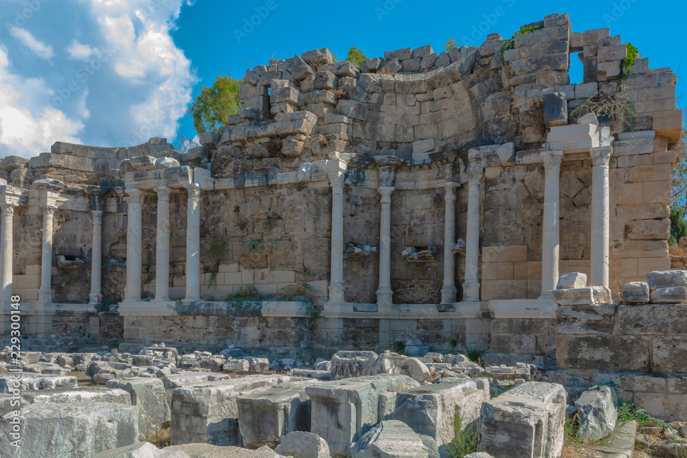 The ruins of the ancient Roman city of Side in Turkey. The remains of ...