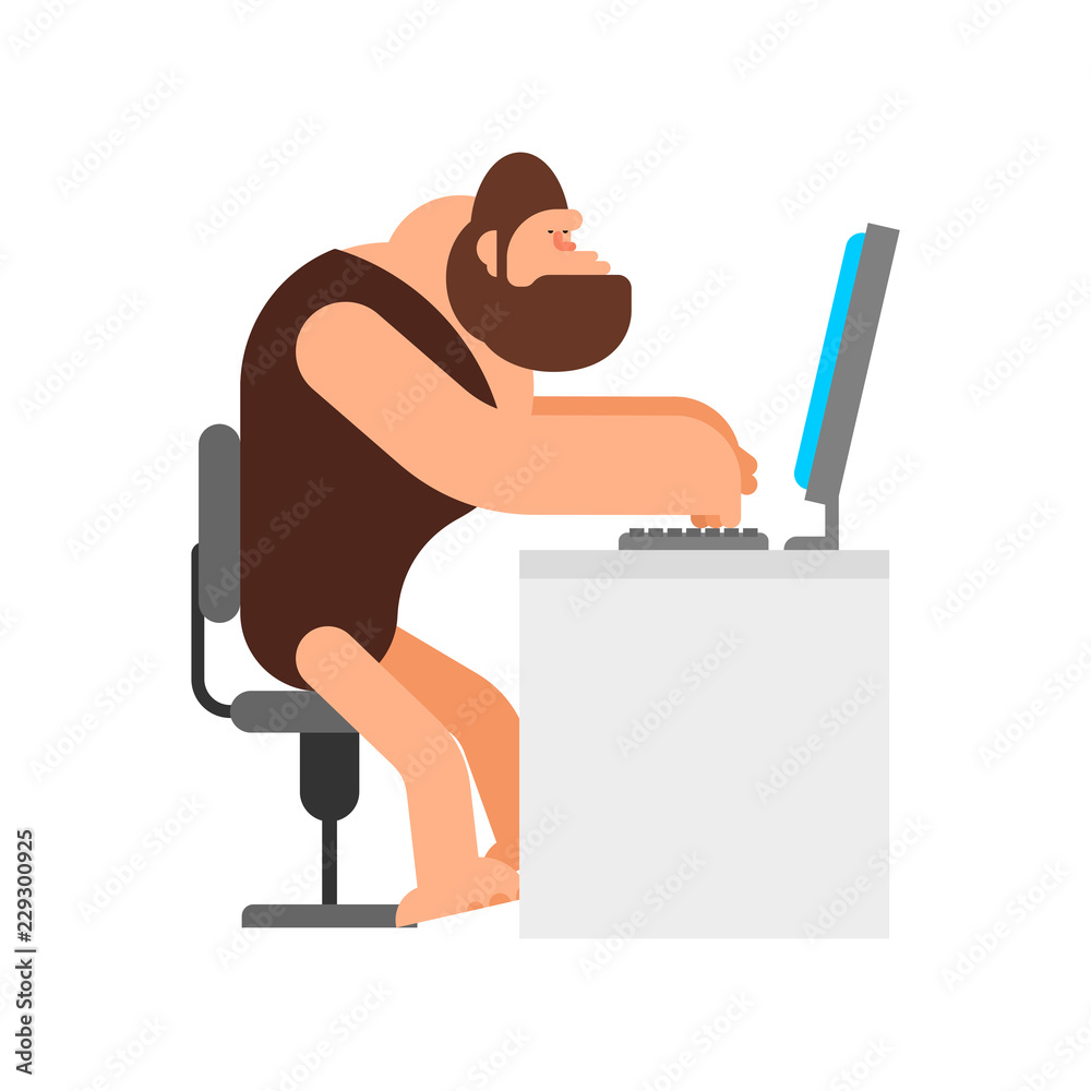 Caveman and computer. Prehistoric man and PC. ancient laptop. Stock ...