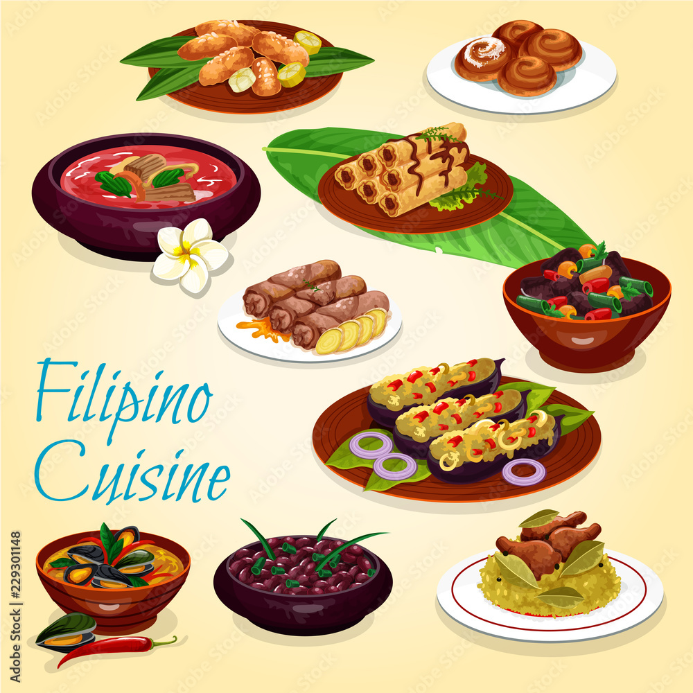 Filipino national cuisine, dishes and desserts Stock Vector | Adobe Stock
