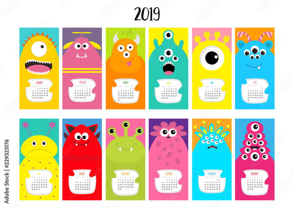 Monster vertical monthly calendar 2019. Cute funny cartoon character ...