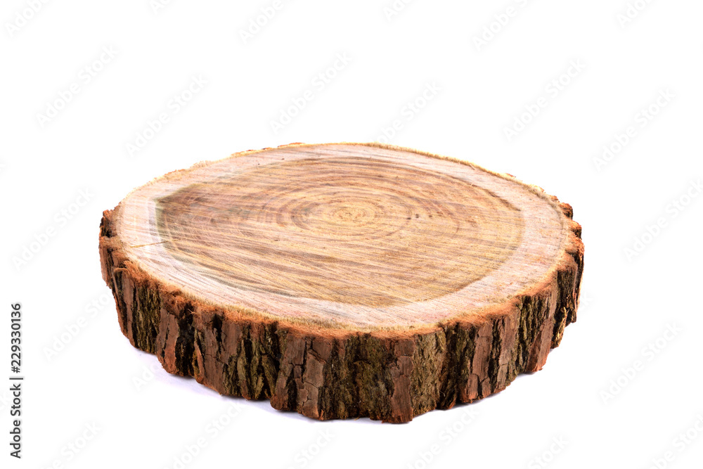 Detailed piece of circular flat cut wood showing annual rings, cracks ...