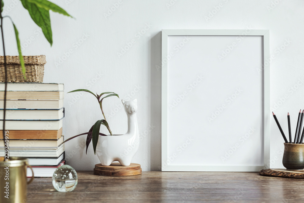 Stylish interior design of kitchen space with small table with mock up ...
