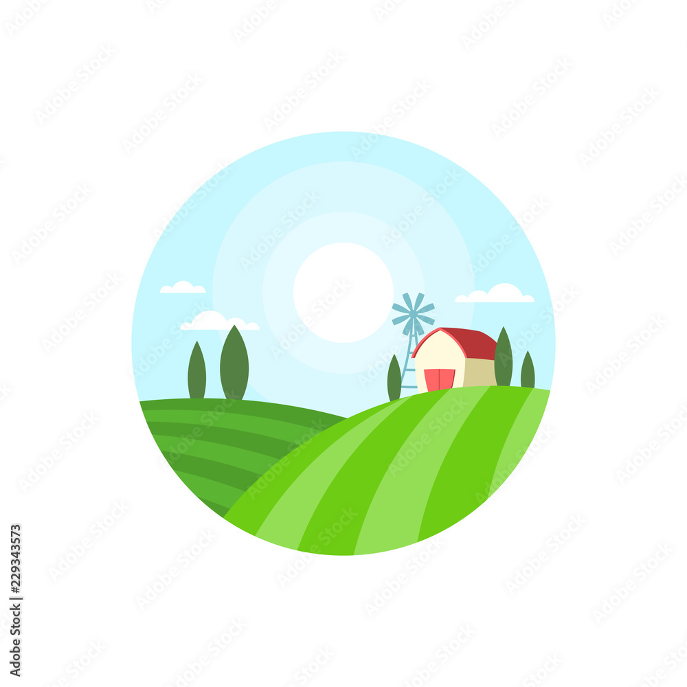 Farm House round label. Round badge template with farm landscape ...