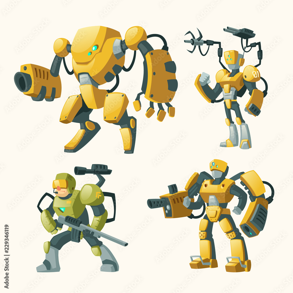 Vector cartoon set with androids, human soldiers in robotic combat ...