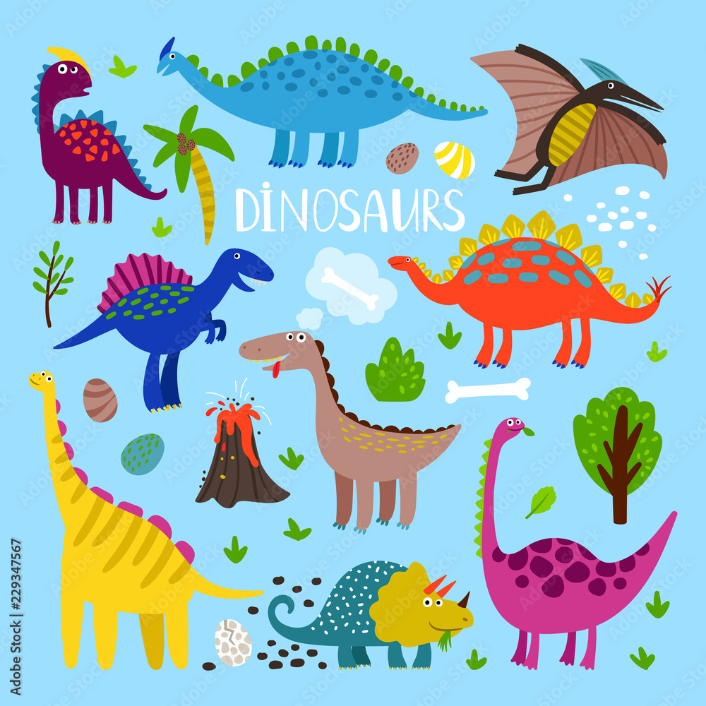 Dino vector set. Dinosaurus prehistoric animals like stegosaurus and ...