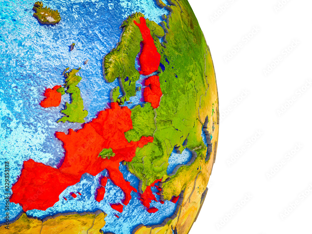 Eurozone member states on 3D model of Earth with divided countries and ...