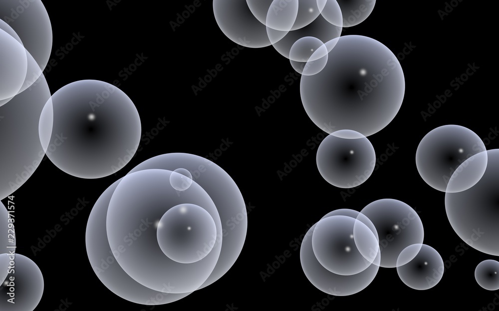 Dark background and light bubbles. Wallpaper, texture with balloons. 3D ...