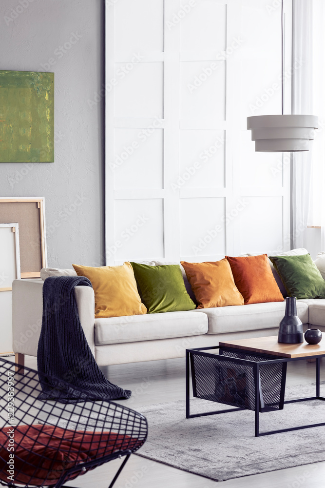 Vertical view o elegant living room interior with stylish coffee table ...