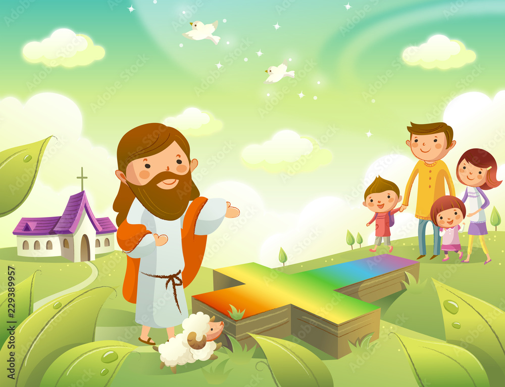Jesus Christ gesturing towards a family Stock Vector | Adobe Stock