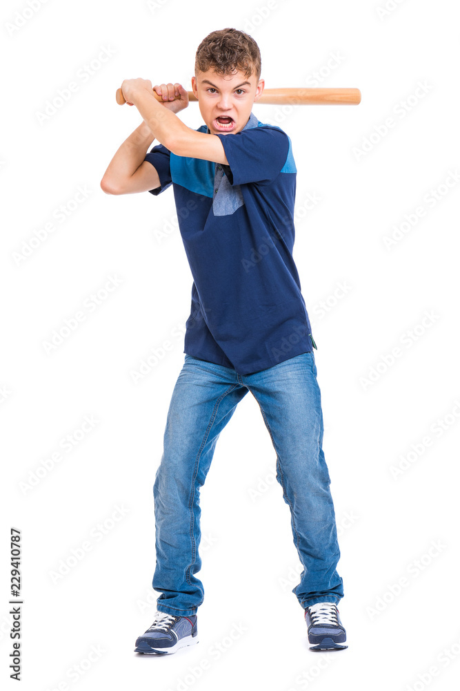 Full length portrait of young caucasian teen boy holding a baseball bat ...
