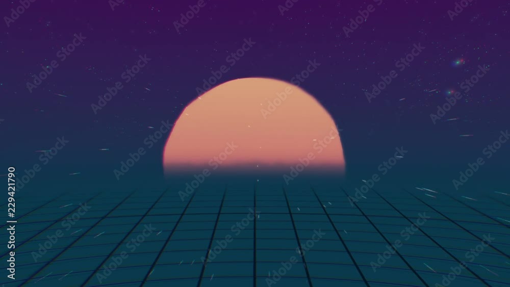 Retro Futuristic.Flight over the grid and sunset. 80s Retro Sci-fi ...
