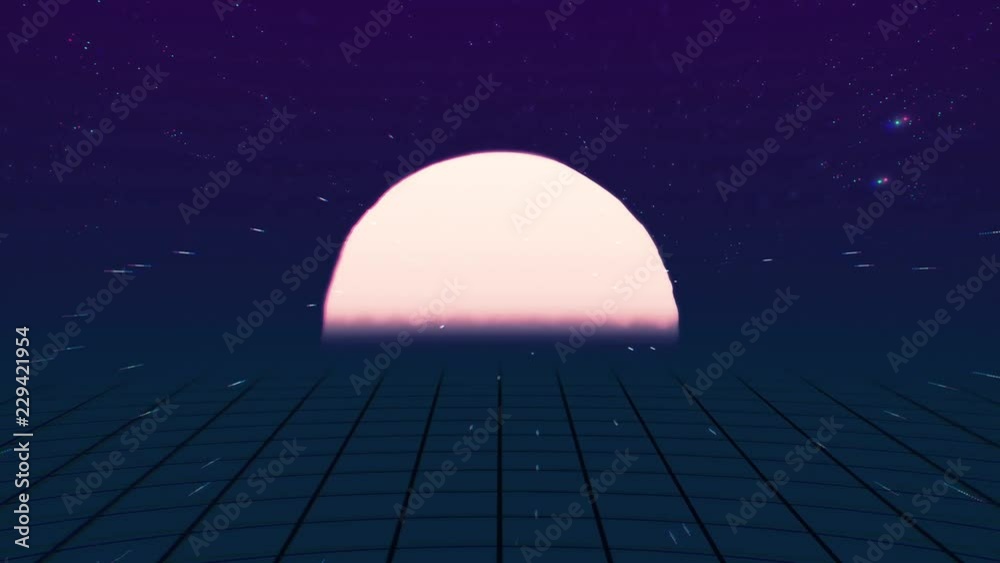 Retro Futuristic.Flight over the grid and sunset. 80s Retro Sci-fi ...