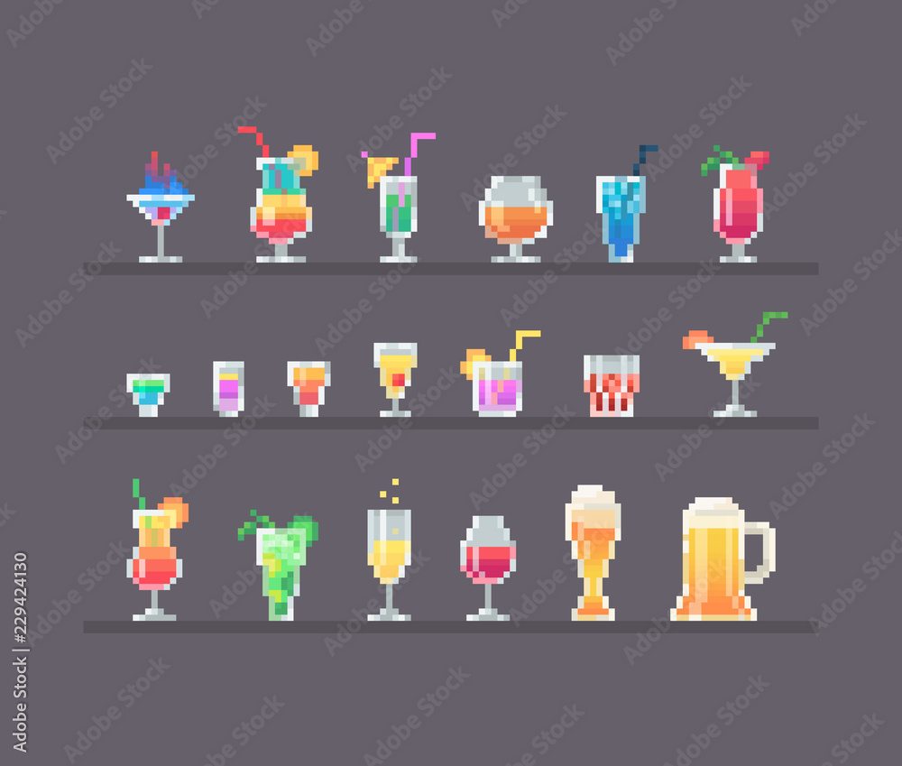 Pixel art style alcohol drinks and cocktails set vector de Stock ...