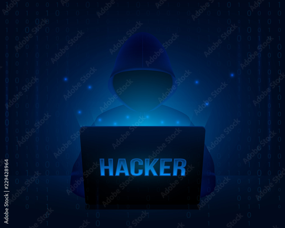 Creative vector illustration of computer hacker with hoodie and dark ...