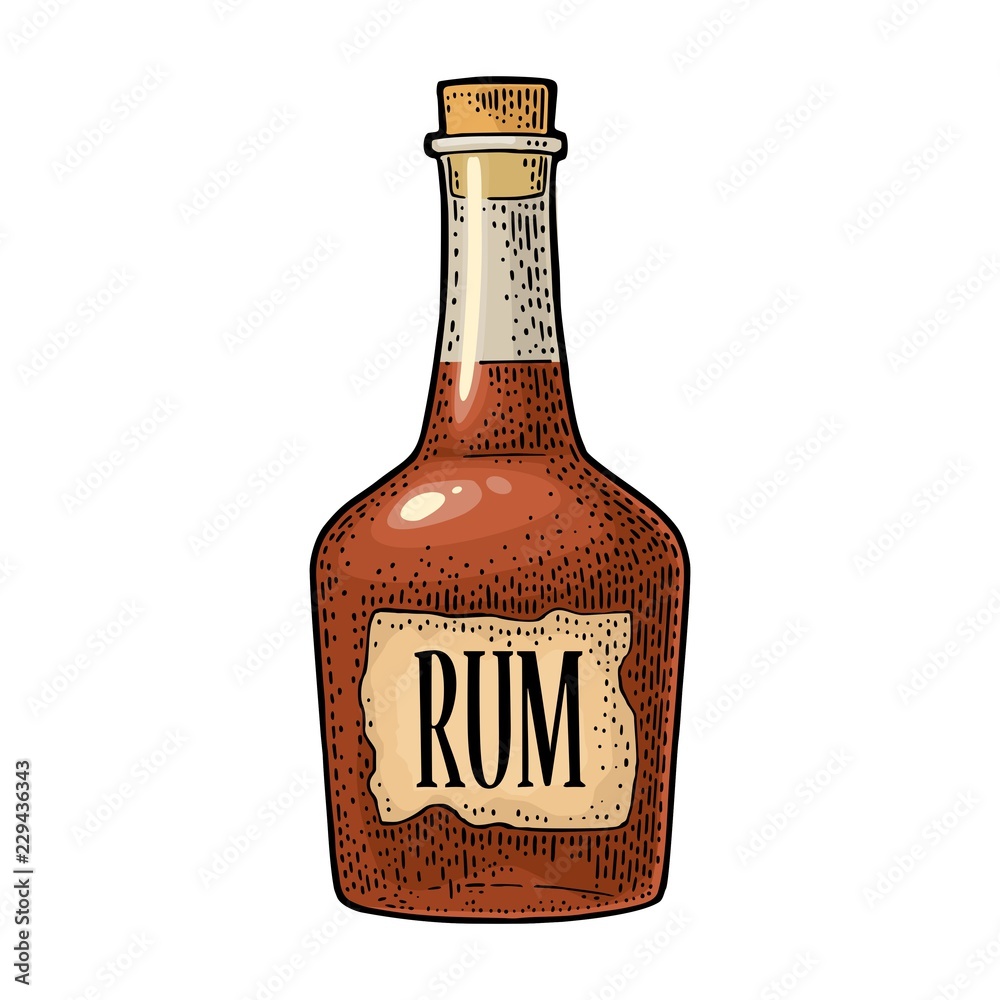 Bottle rum with craft label. Vintage vector black engraving ...