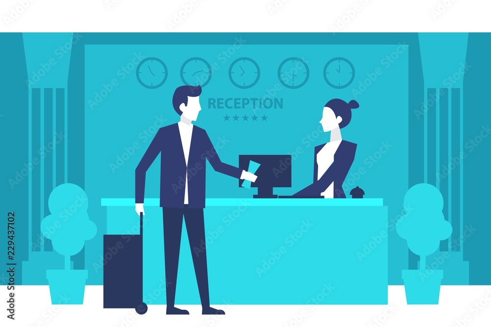 Young man giving reservation to woman receptionist that stands at ...