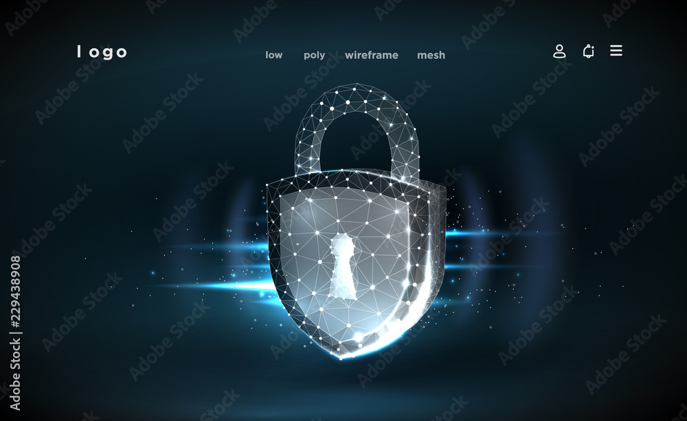 Lock.Polygonal wireframe mesh.Cyber security concept, protection ...