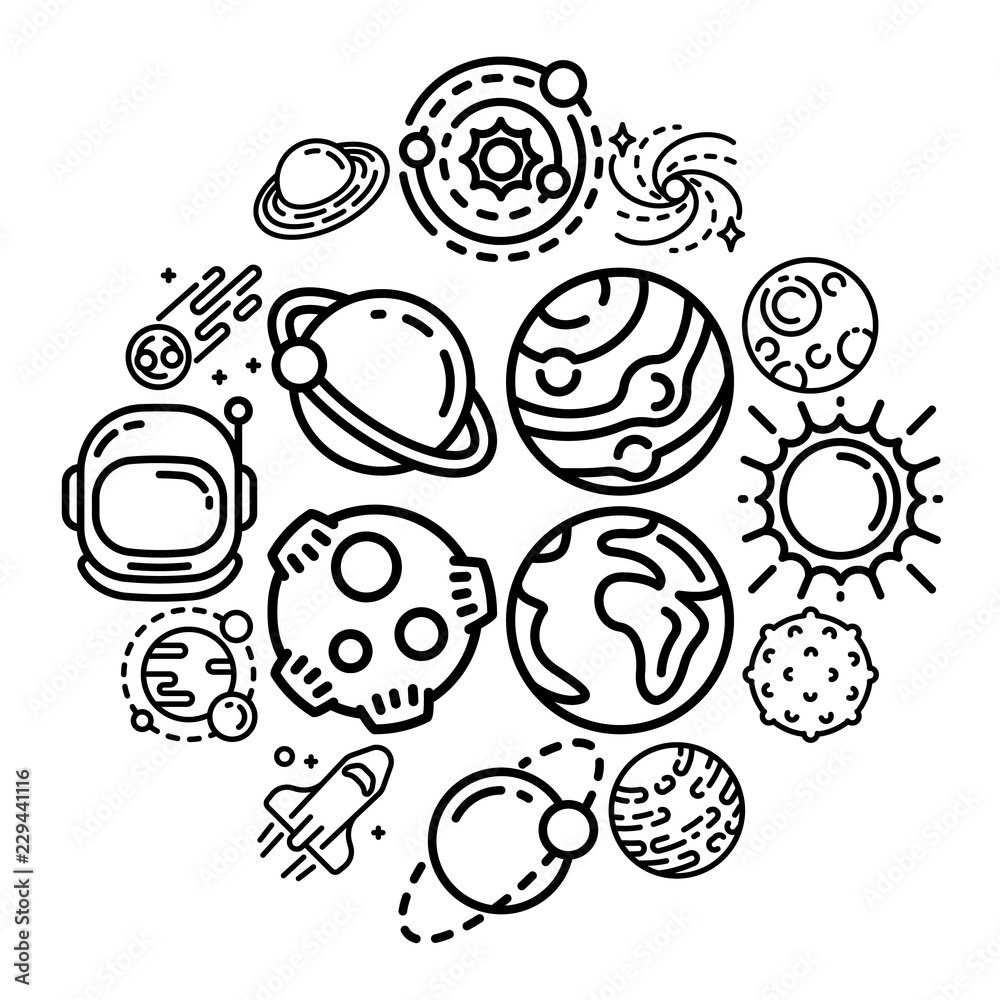 Planets icon set. Outline set of planets vector icons for web design ...