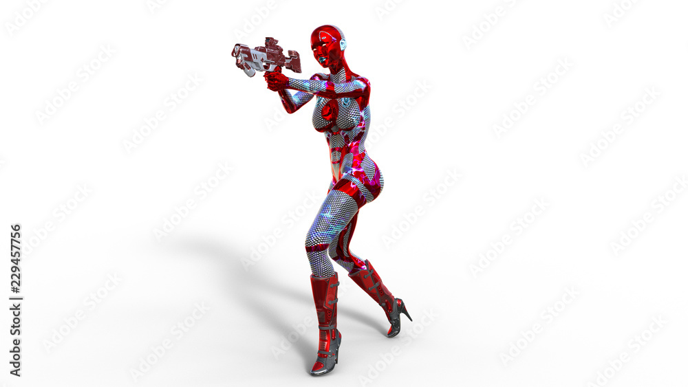 Android woman soldier, military female cyborg armed with gun standing ...
