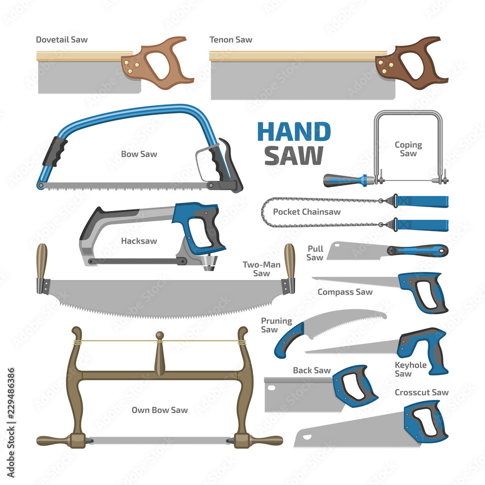 Hand saw vector sawing equipment hacksaw chainsaw and pullsaw carpentry ...