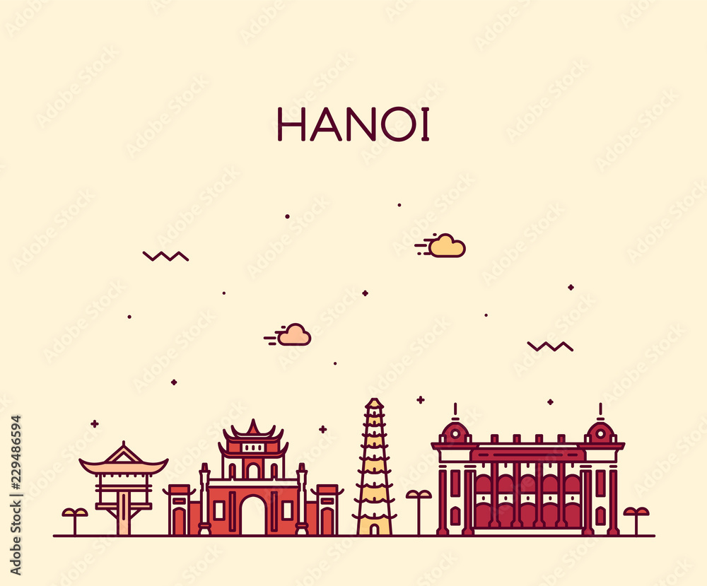 Hanoi skyline, Vietnam vector linear style city Stock Vector | Adobe Stock