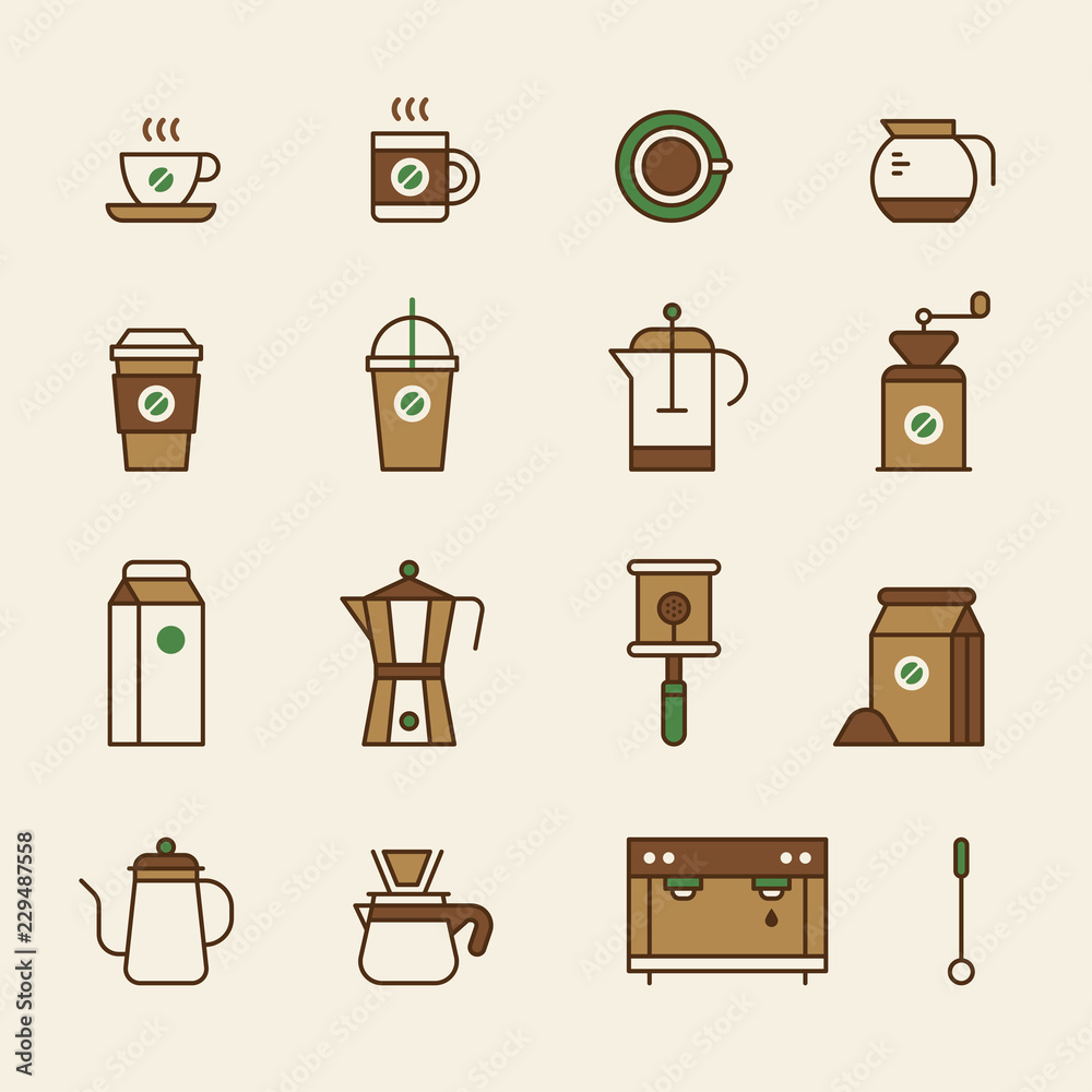 Coffee related supplies Brown color Simple icon set. flat design style ...
