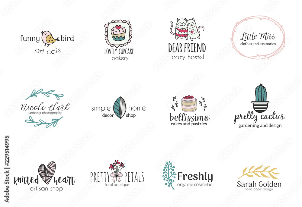 Set of hand drawn cute, stlish and simple premade logo designs for ...