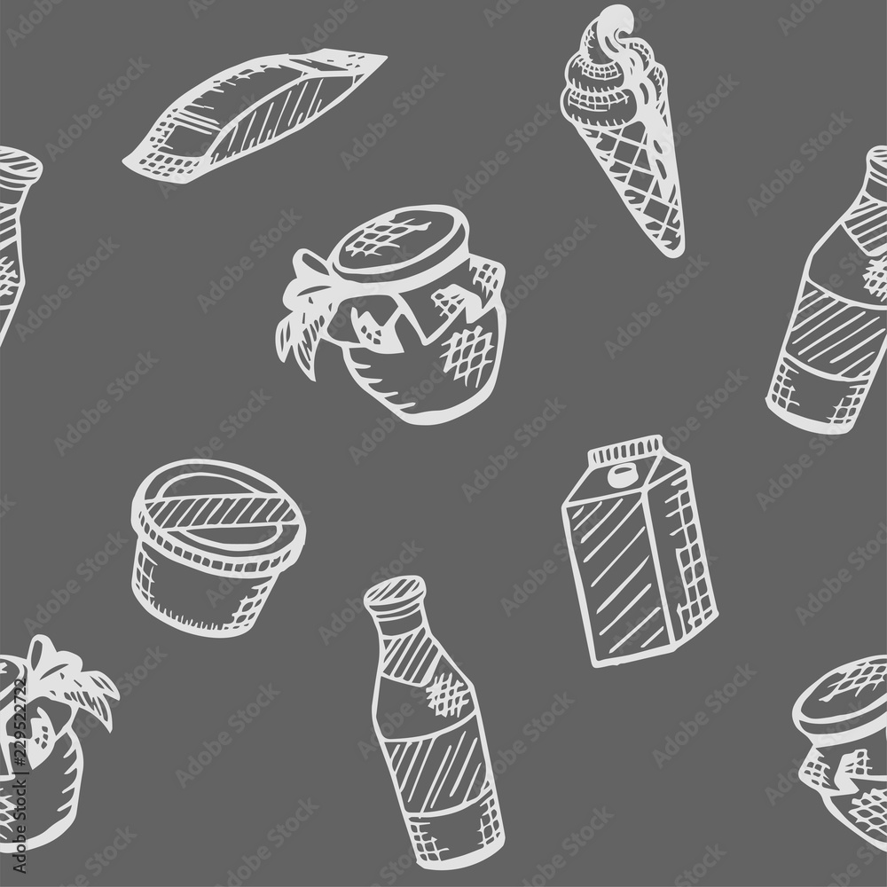 Food theme, seamless pattern. Dairy products. Milk, ice-cream, yoghurt ...