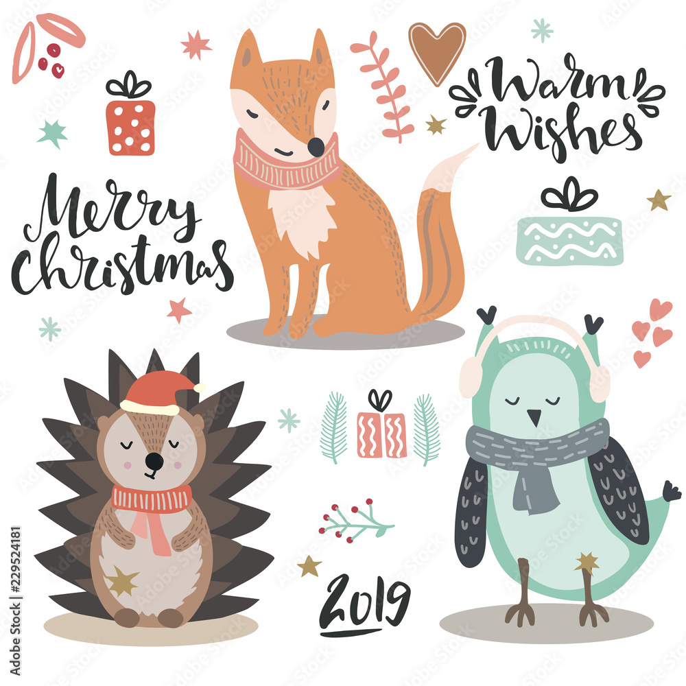 Woodland animals vector illustration. Set of christmas and winter ...
