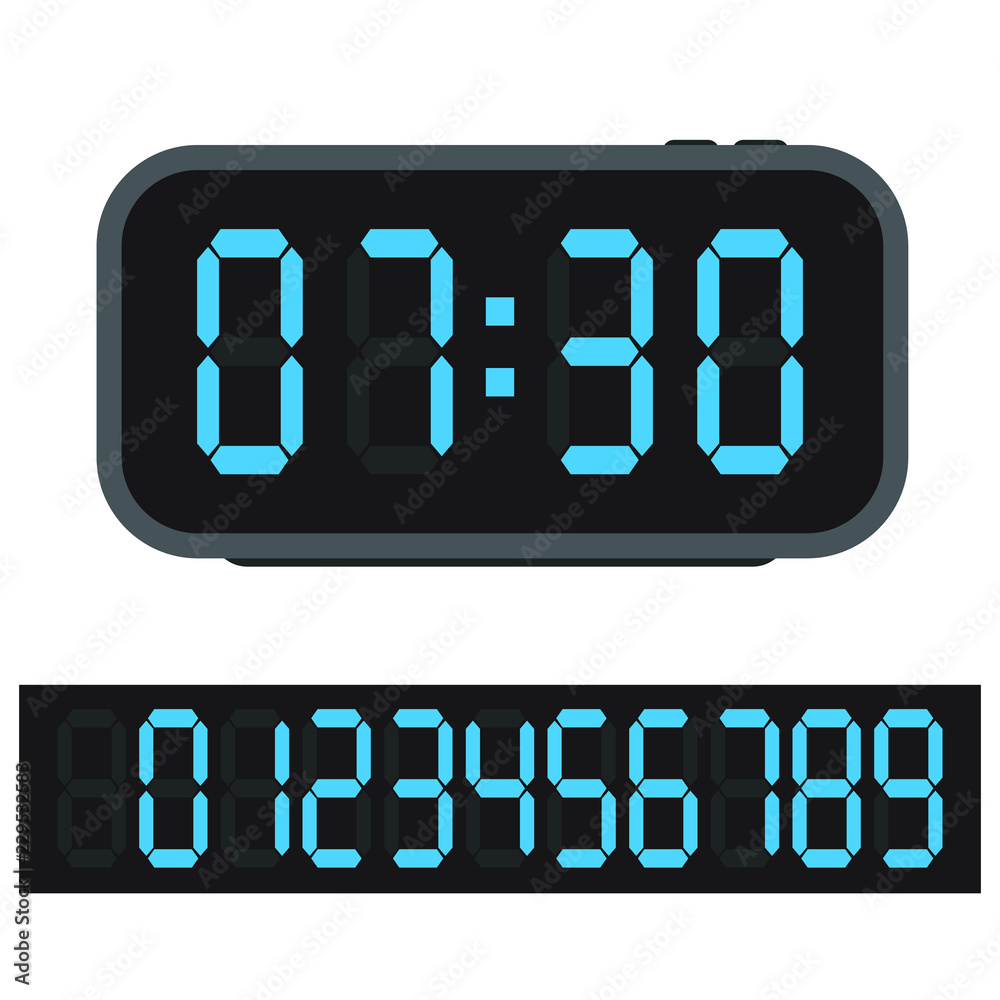 Digital alarm clock, Blue digital clock and set of glowing numbers ...